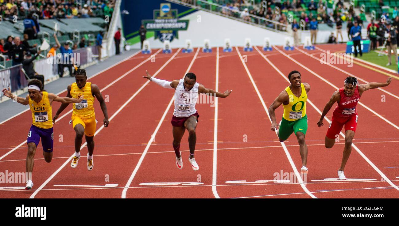 Eugene, OR U.S. 11th June, 2021. A. LSU Terrance Laird wins the 100m ...