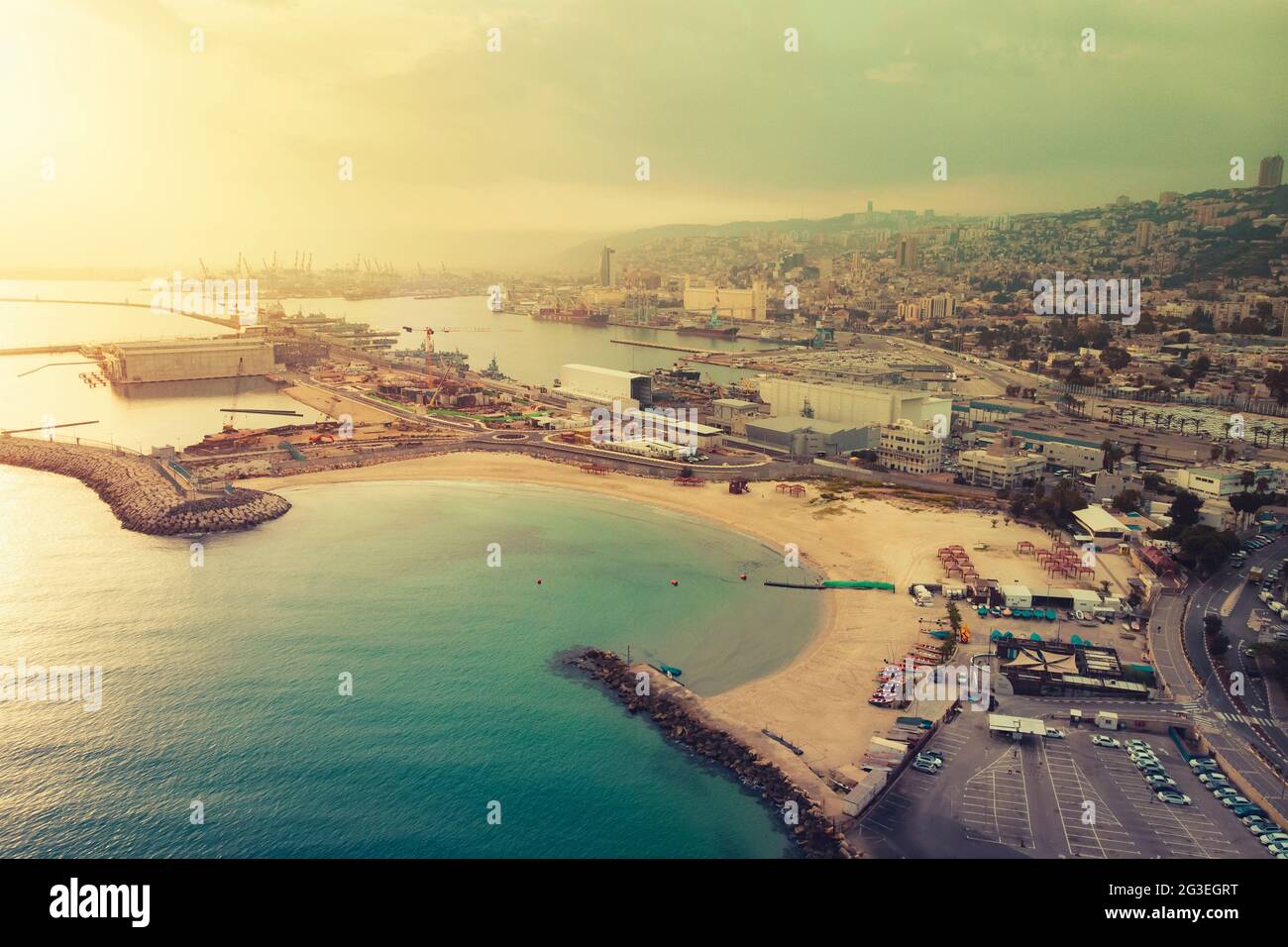 Scenic daytime view of Haifa bay. Aerial panoramic view of azure water ...