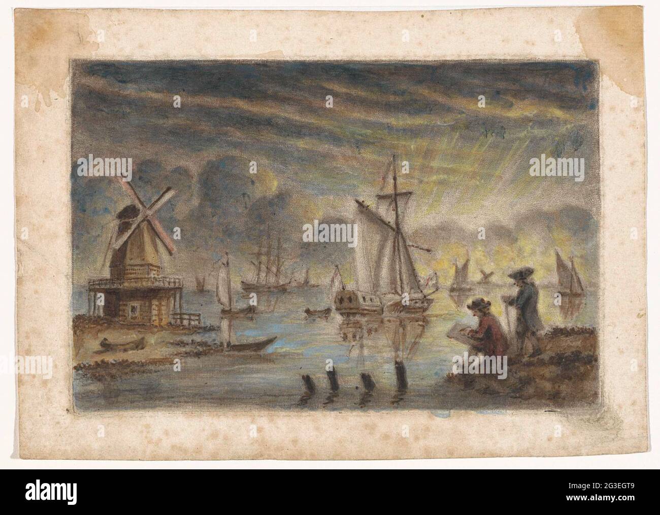 Coastal face with ships, mill and a draftsman. Coastal face with ships ...