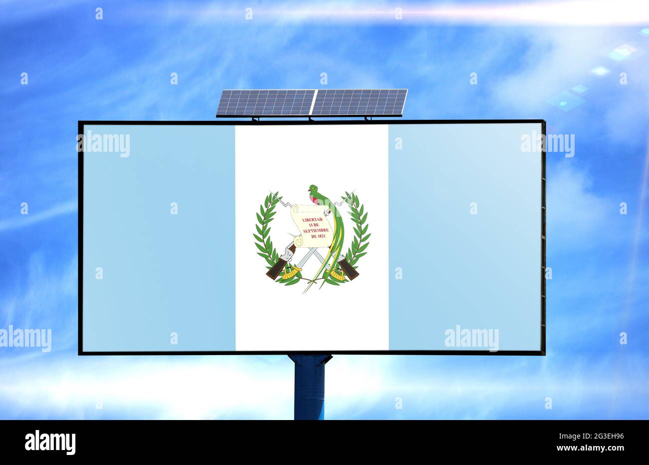 Billboard with Guatemala flag and solar battery on blue sky background ...