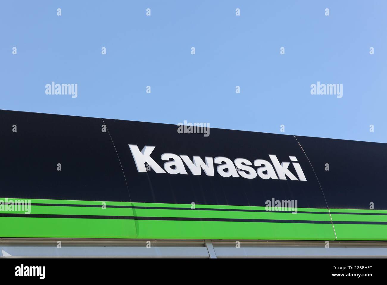 Lyon, France - July 3, 2016: Kawasaki sign on a wall. Kawasaki is a ...