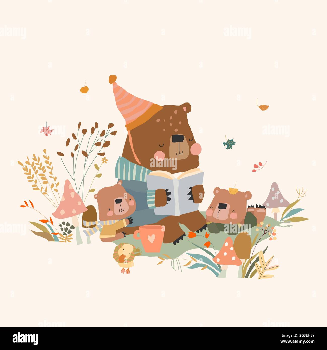 Cute Cartoon Bear Mother reading Book for her Cubs Stock Vector Image ...