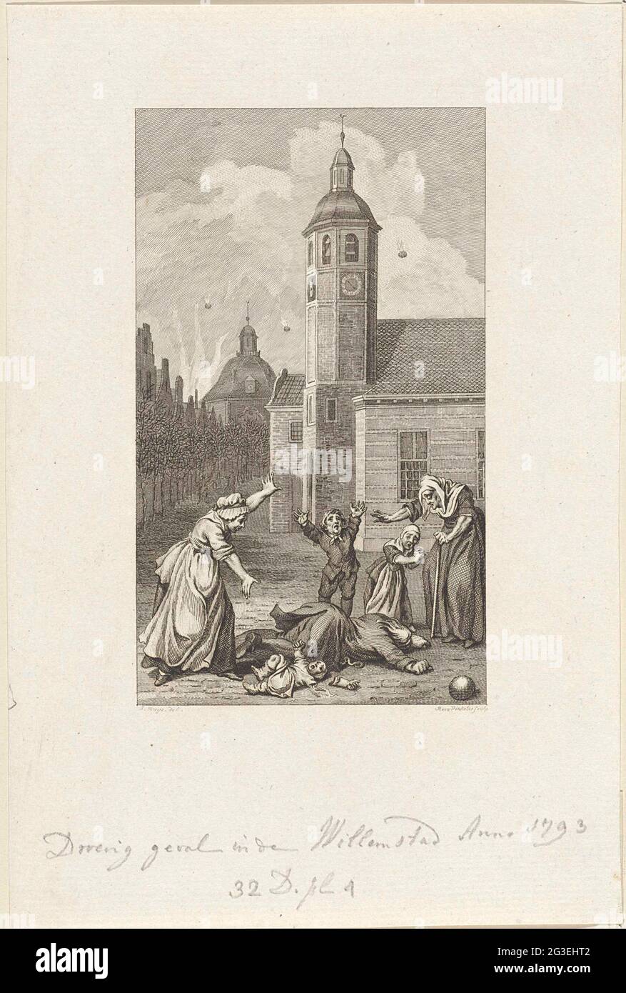Sad case in the Willemstad, 1793. A man with a small child are hit by a ...