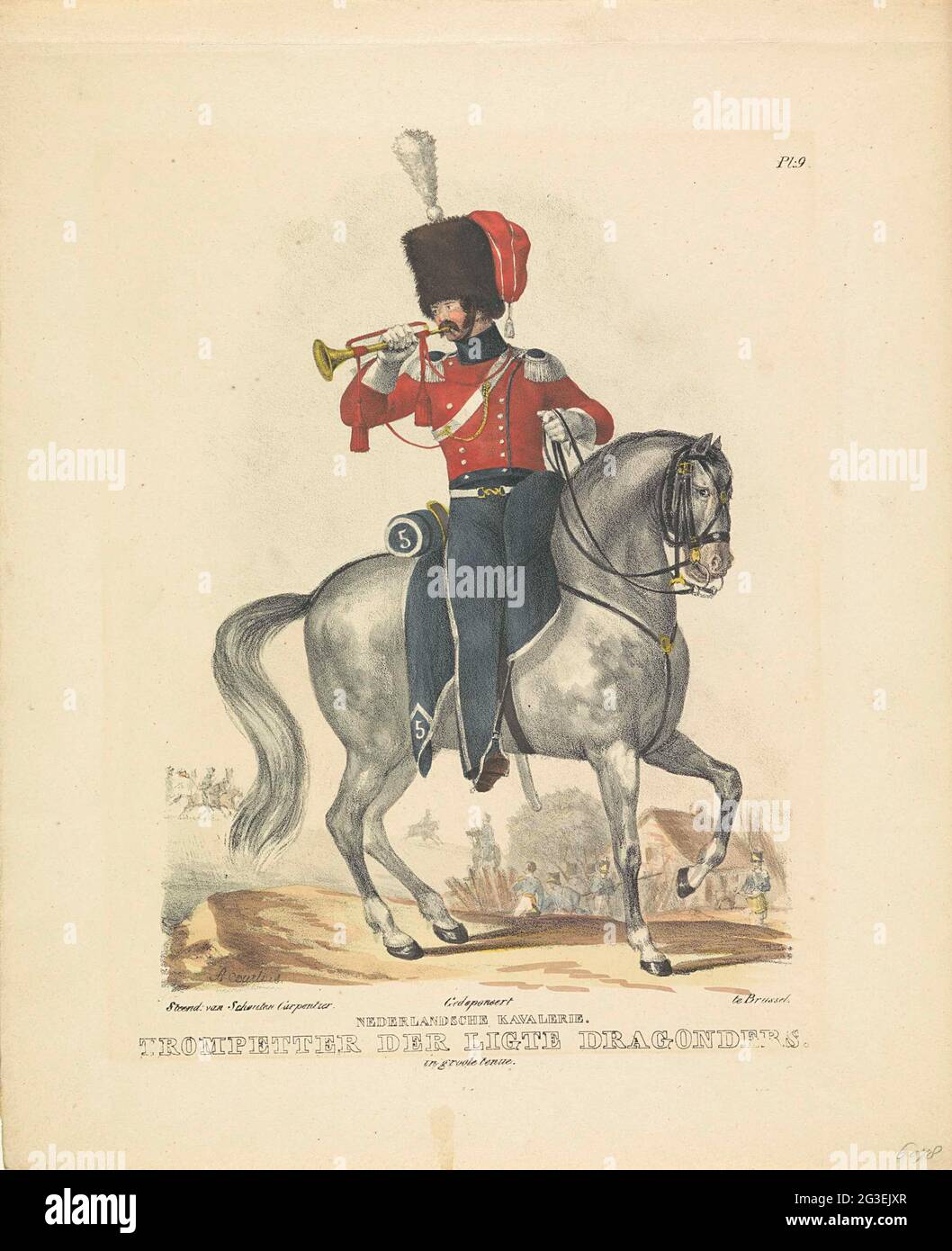 Trumpeter in large outfit, 1820-1825; Dutch cavalry. Trumpeter of the ...