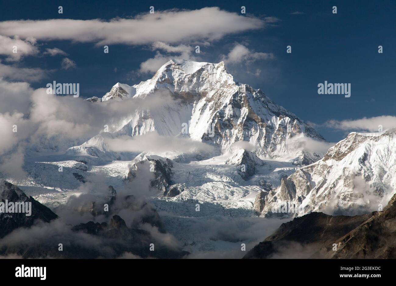 Evening view from Gokyo Ri to mount Gyachung Kang 7952m within clouds ...