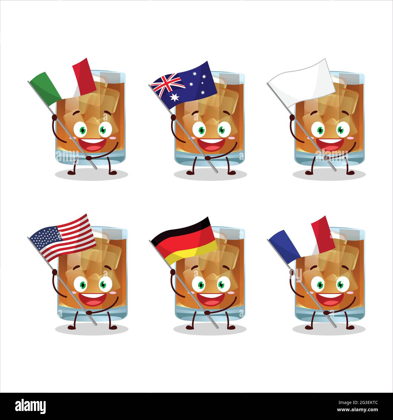 Whiskey cartoon character bring the flags of various countries. Vector ...
