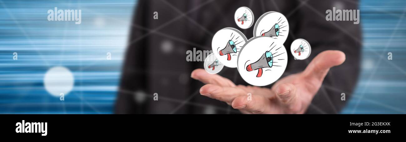 Communication concept above the hand of a man in background Stock Photo ...
