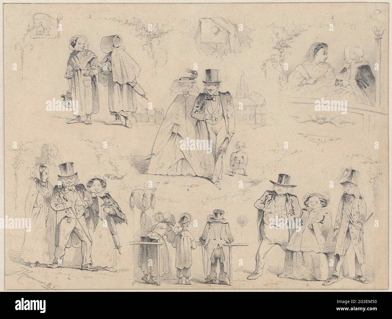 Various types of life observed. Design for a caricature (print) with ...