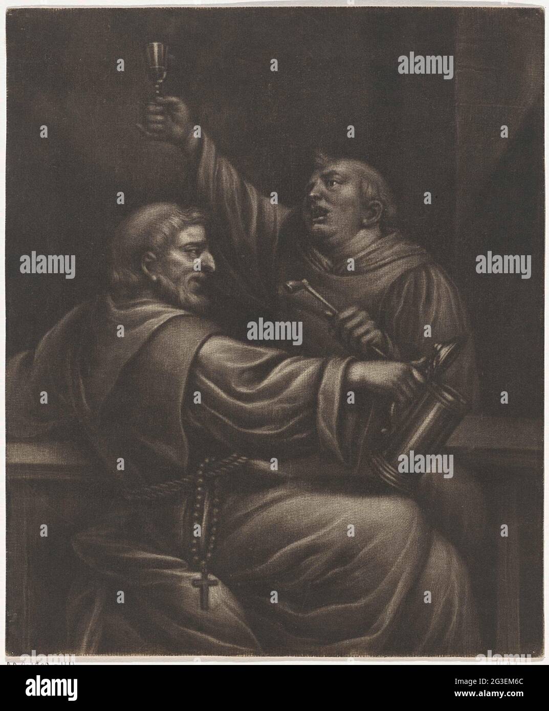 Drinking monks. Two monks are sitting together. One of them has a pipe ...