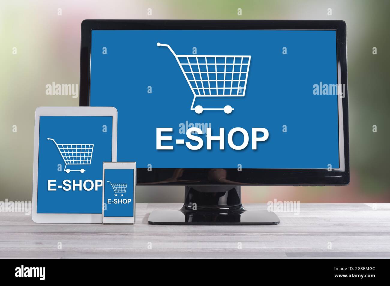 E-shop concept shown on different information technology devices Stock ...