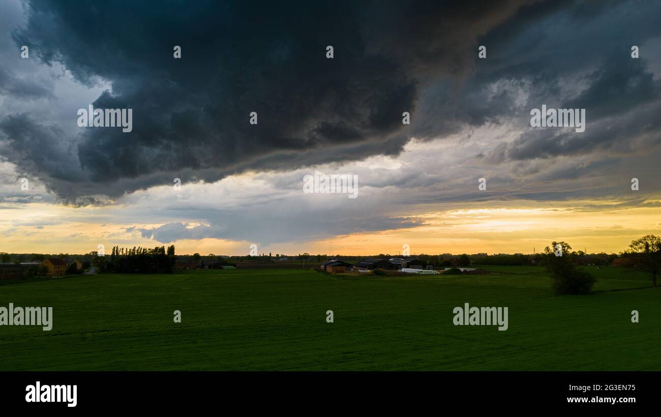 Aerial landscape of countryside with colorful storm clouds. Extreme ...