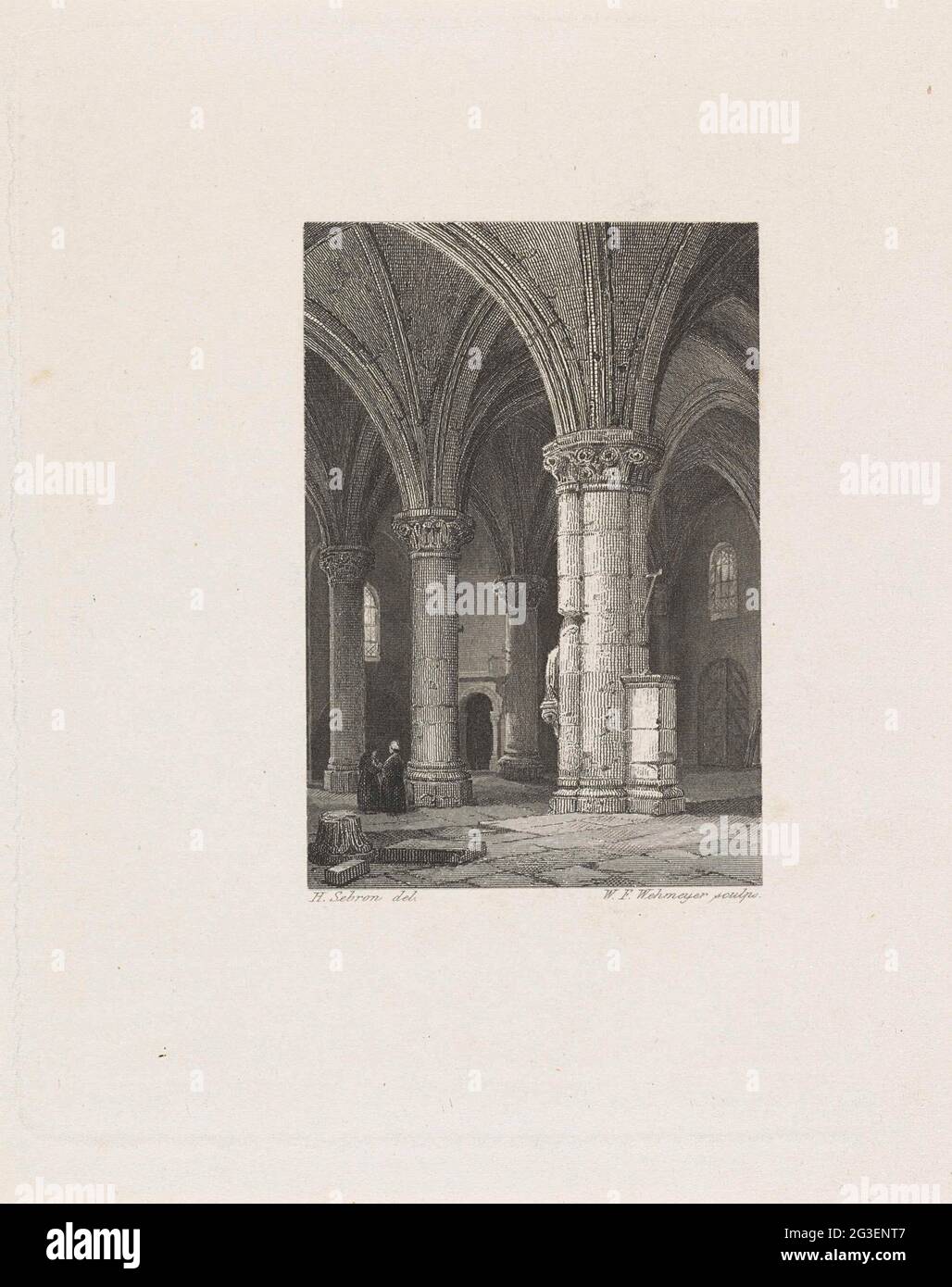 Church interior. Two women are in a church with cross rib vaults Stock ...