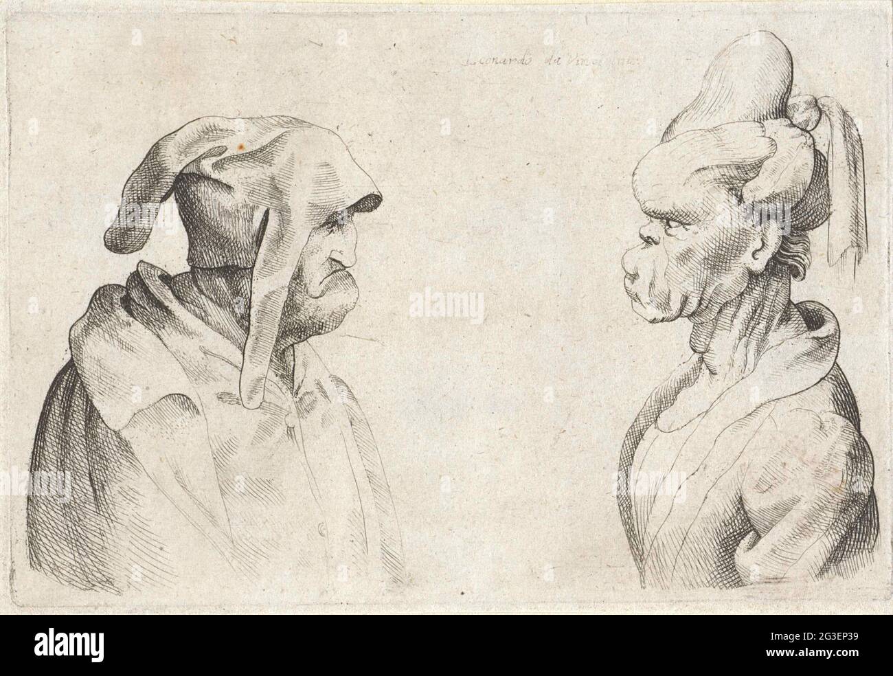 Deformed heads of a man with a weak hat and woman with tied hair; Varie ...