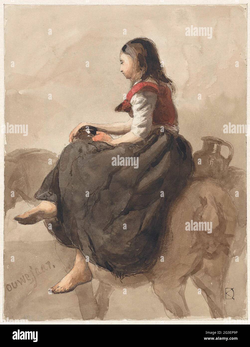 Sitting woman on a horse with two jugs Stock Photo - Alamy