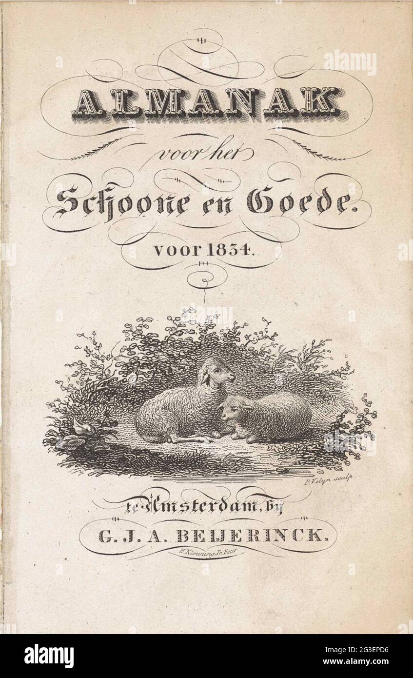 Two lying sheep; Title page for: Almanac for the beautiful and good ...