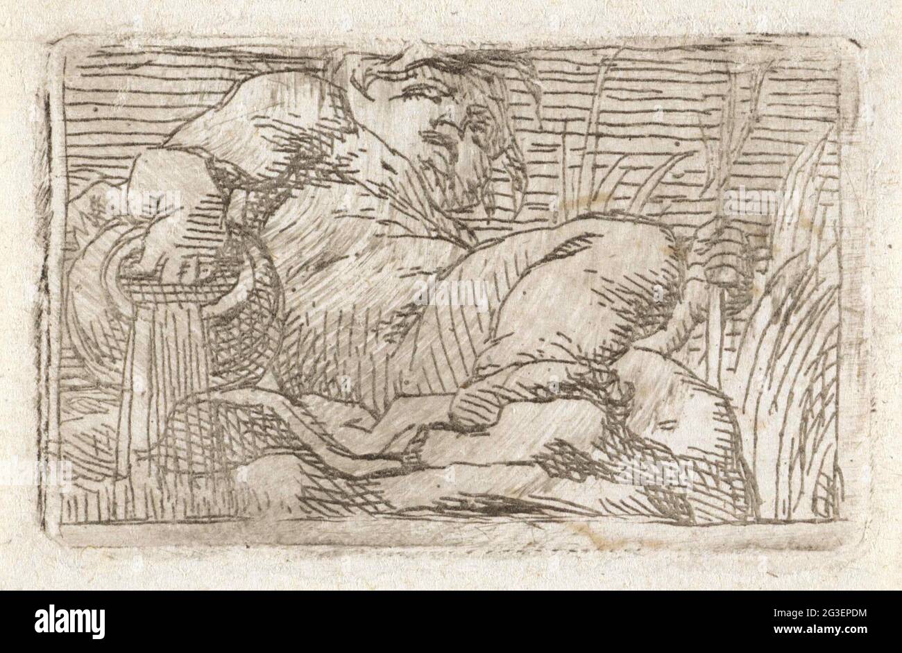 Child as a river god. A lying child holds a jug in one hand, from which ...