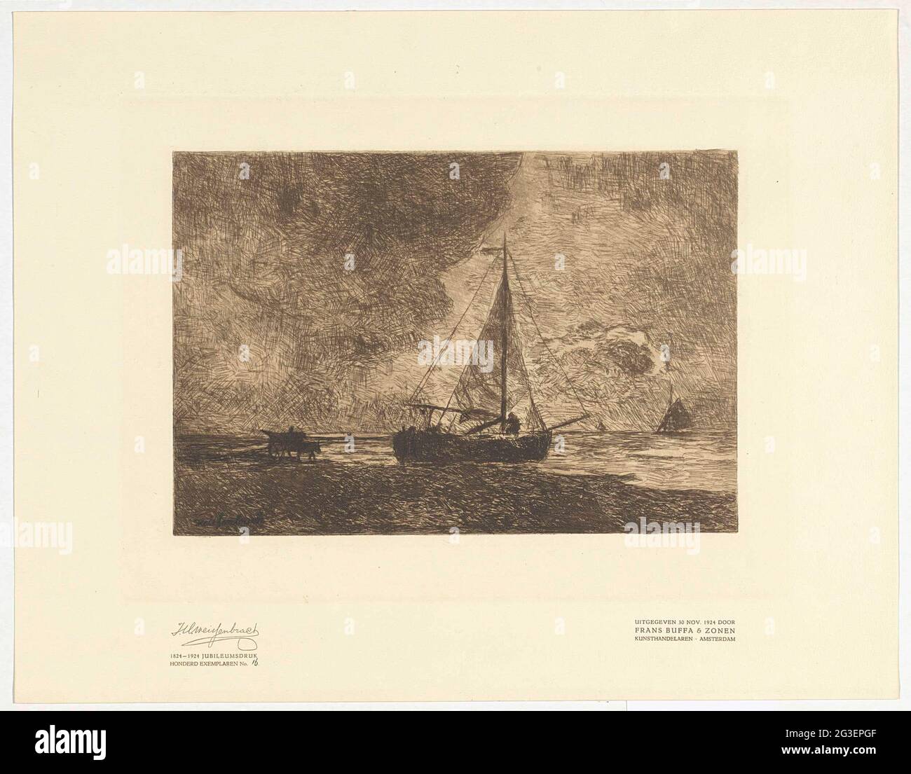 Beach face with sailing ships. A horse and carriage can be seen on the ...