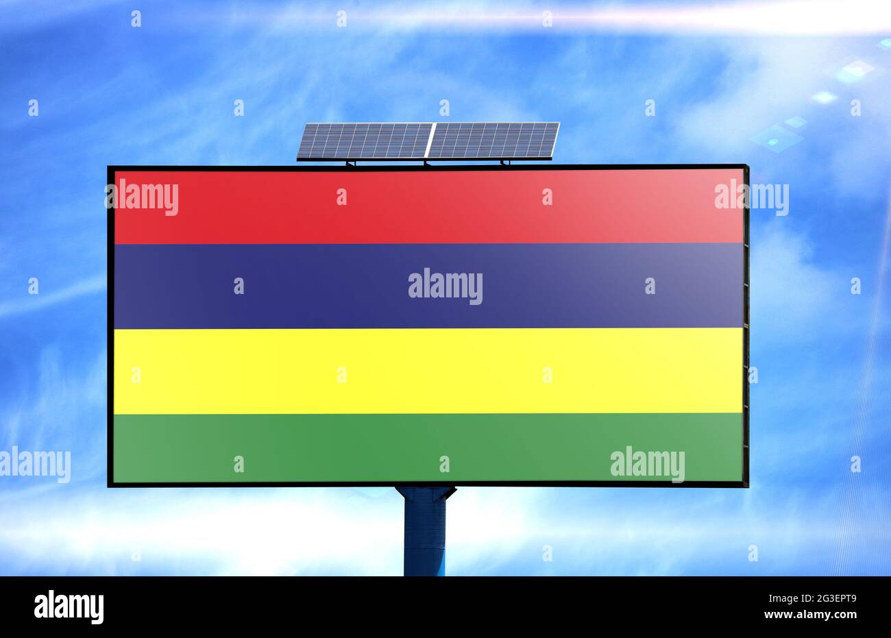 Billboard with Mauritius flag and solar battery on blue sky background ...