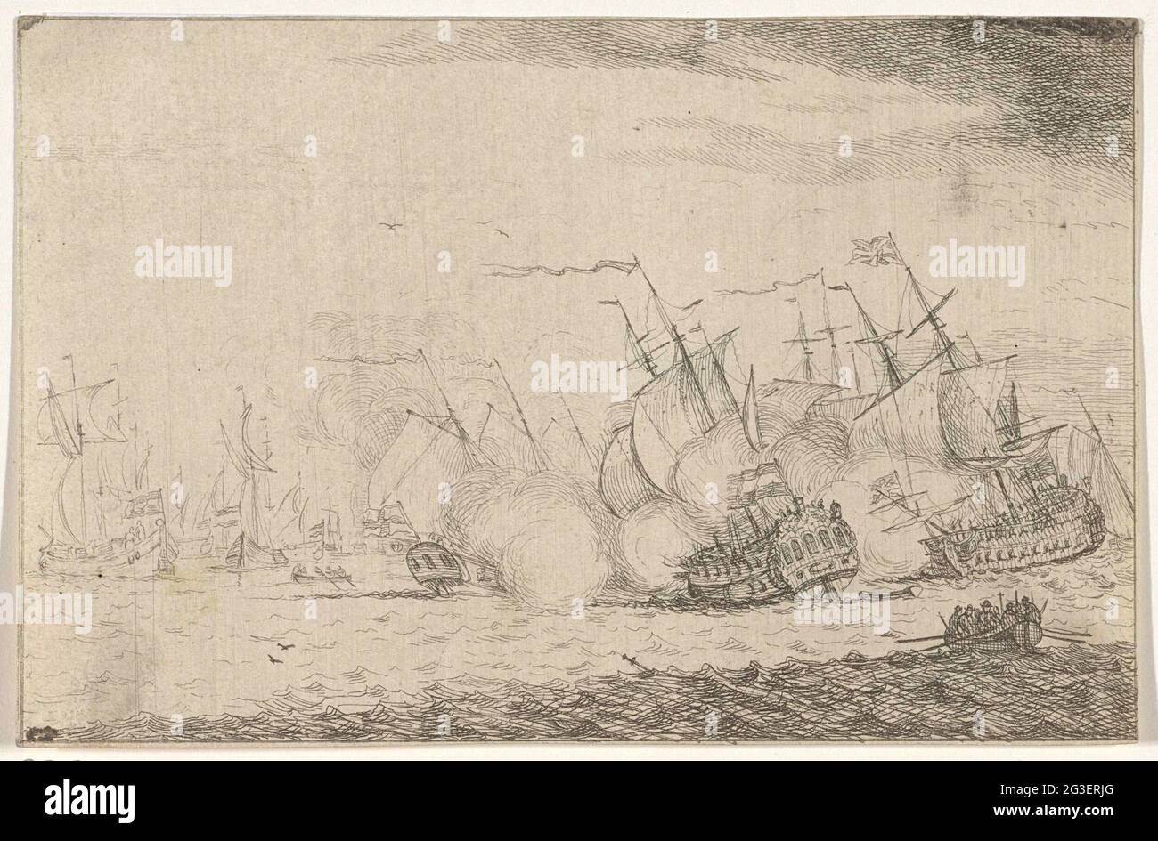Sea battle. Large group of ships at sea. Cannons are fired from two ...