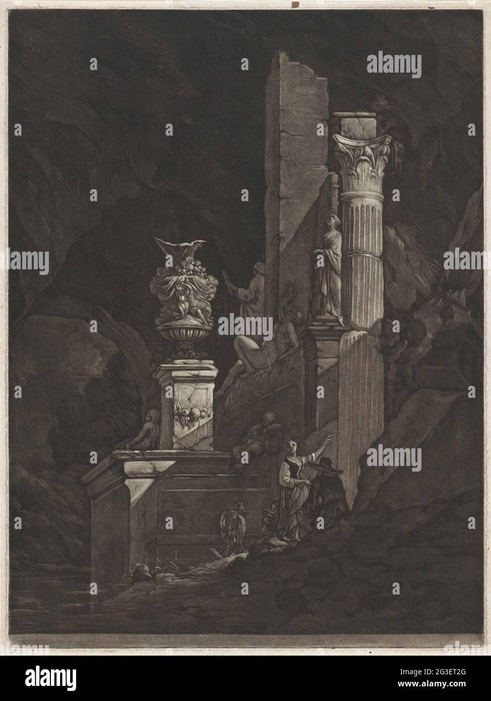 Classic ruins in a cave. Two shepherds and a shepherdess with a dog are ...