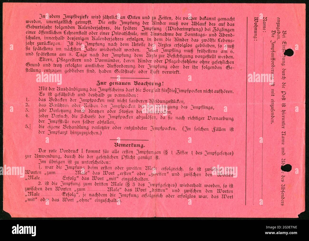 Germany, vaccination certificate, from 1926, back side., ADDITIONAL ...