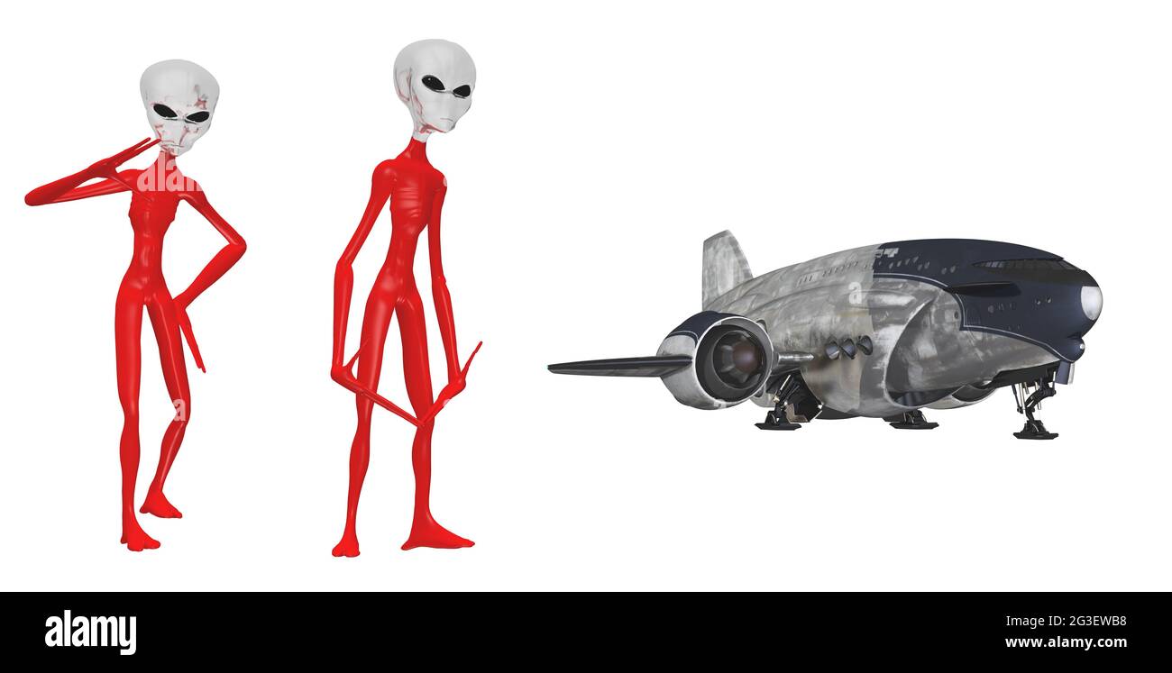 Aliens and intergalactic cargo spacecraft isolated on white background ...