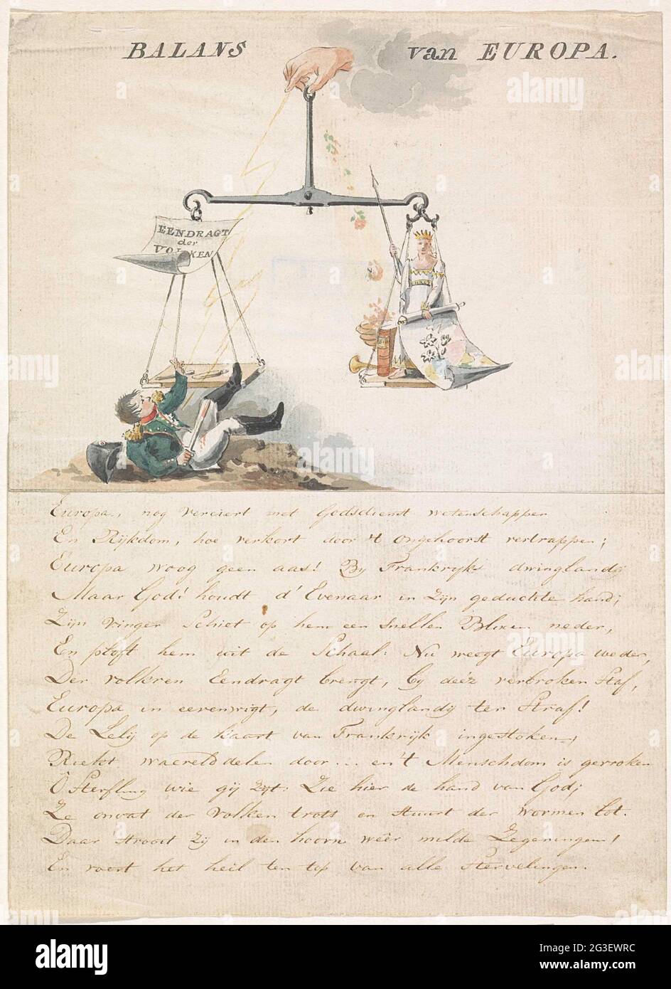 Balance of Europe. Cartoon on the fall of Napoleon in 1814. The emperor ...
