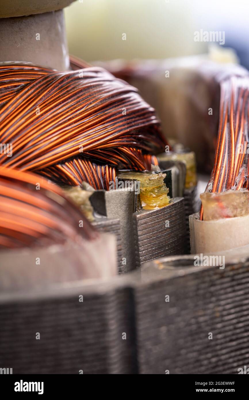 Rotor and stator of an electric motor close up. Copper motor windings ...
