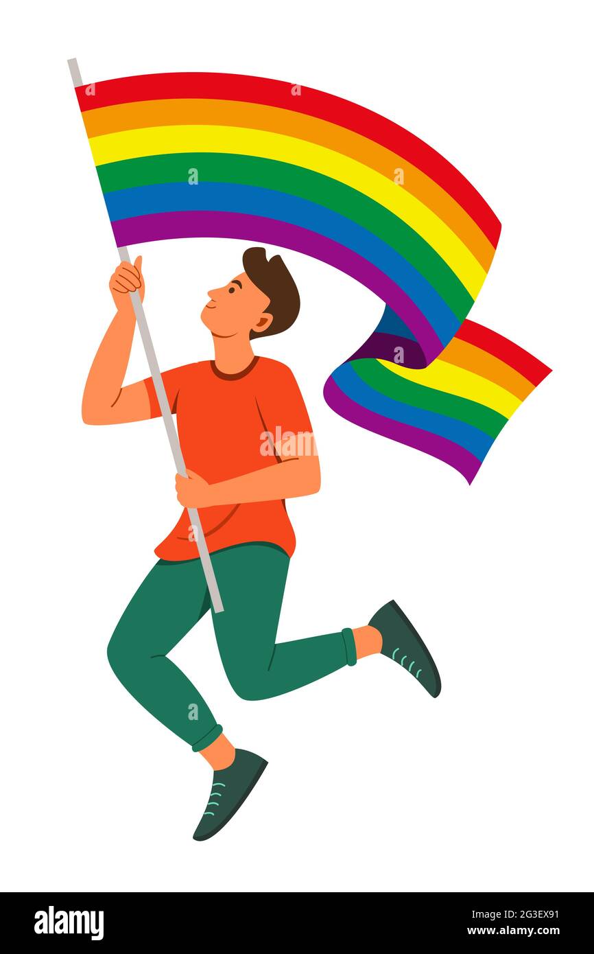 Man Hold a Rainbow Flag While Jump for the LGBT Movement Stock Vector ...