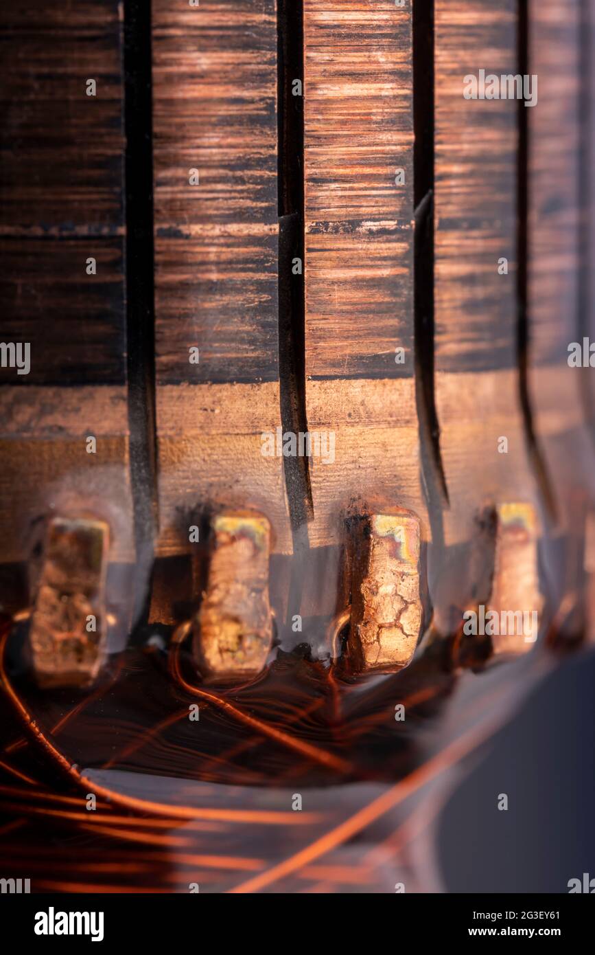 Copper commutator bar of the electric motor close up. Electric motor ...