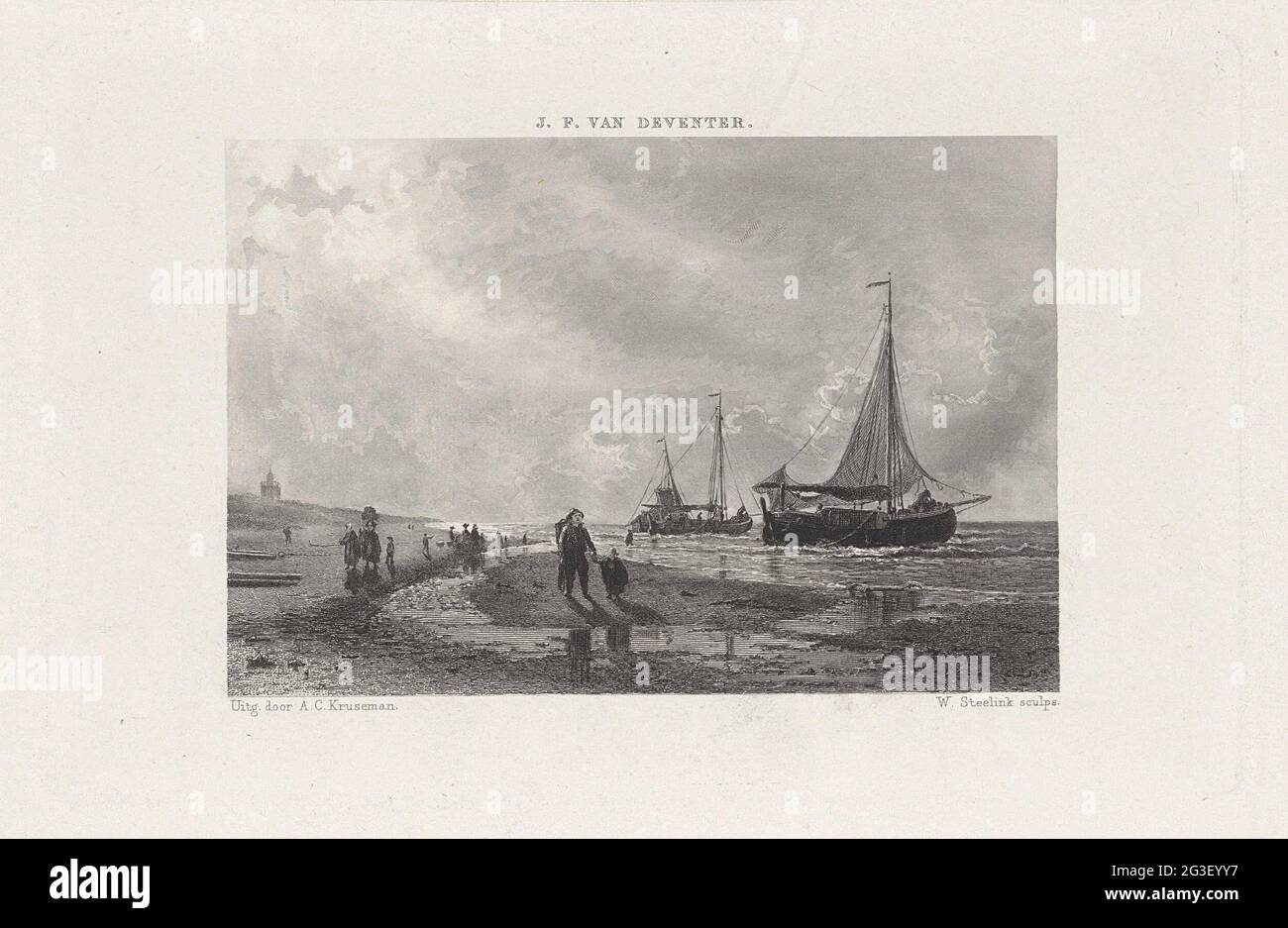 Boats on the beach. Three sailing ships are at the stand for anchor ...