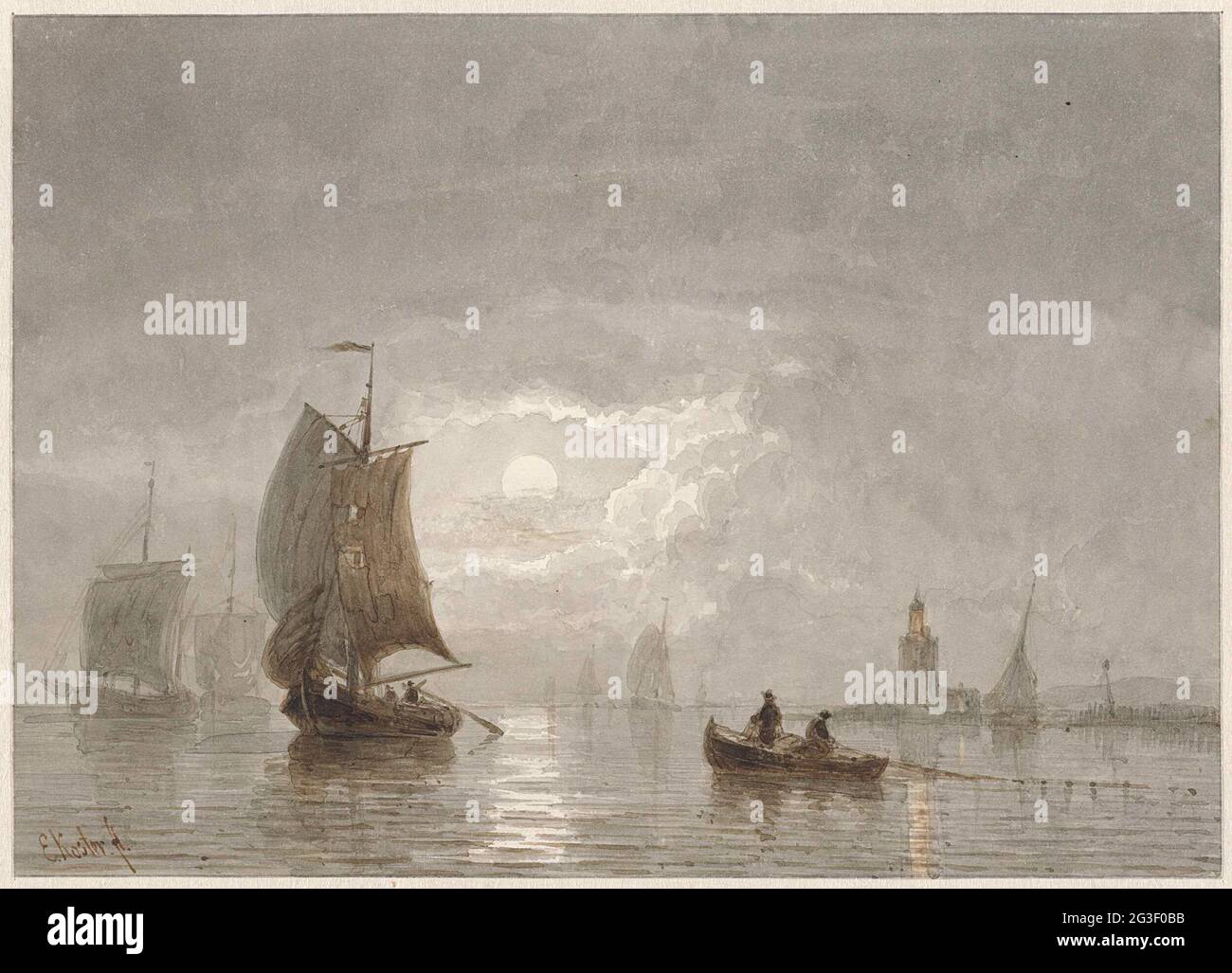 Sailing ships at moonlight Stock Photo - Alamy