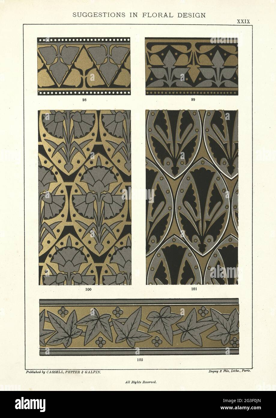 Suggestions in floral design, Victorian 19th Century, gold and black ...
