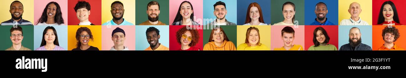 Portraits of group of people on multicolored background, collage Stock ...