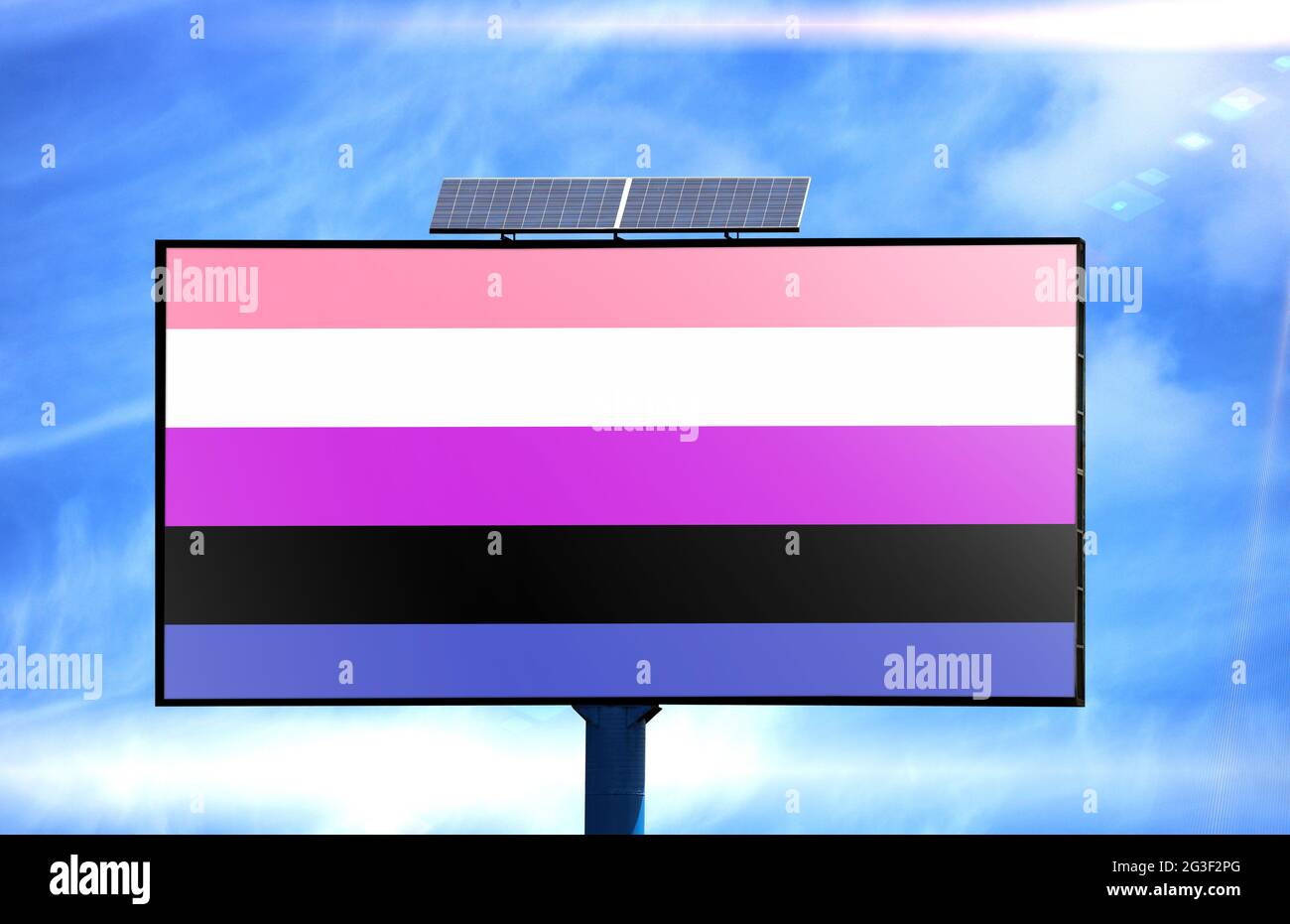 Billboard with Genderfluid flag and solar battery on blue sky ...