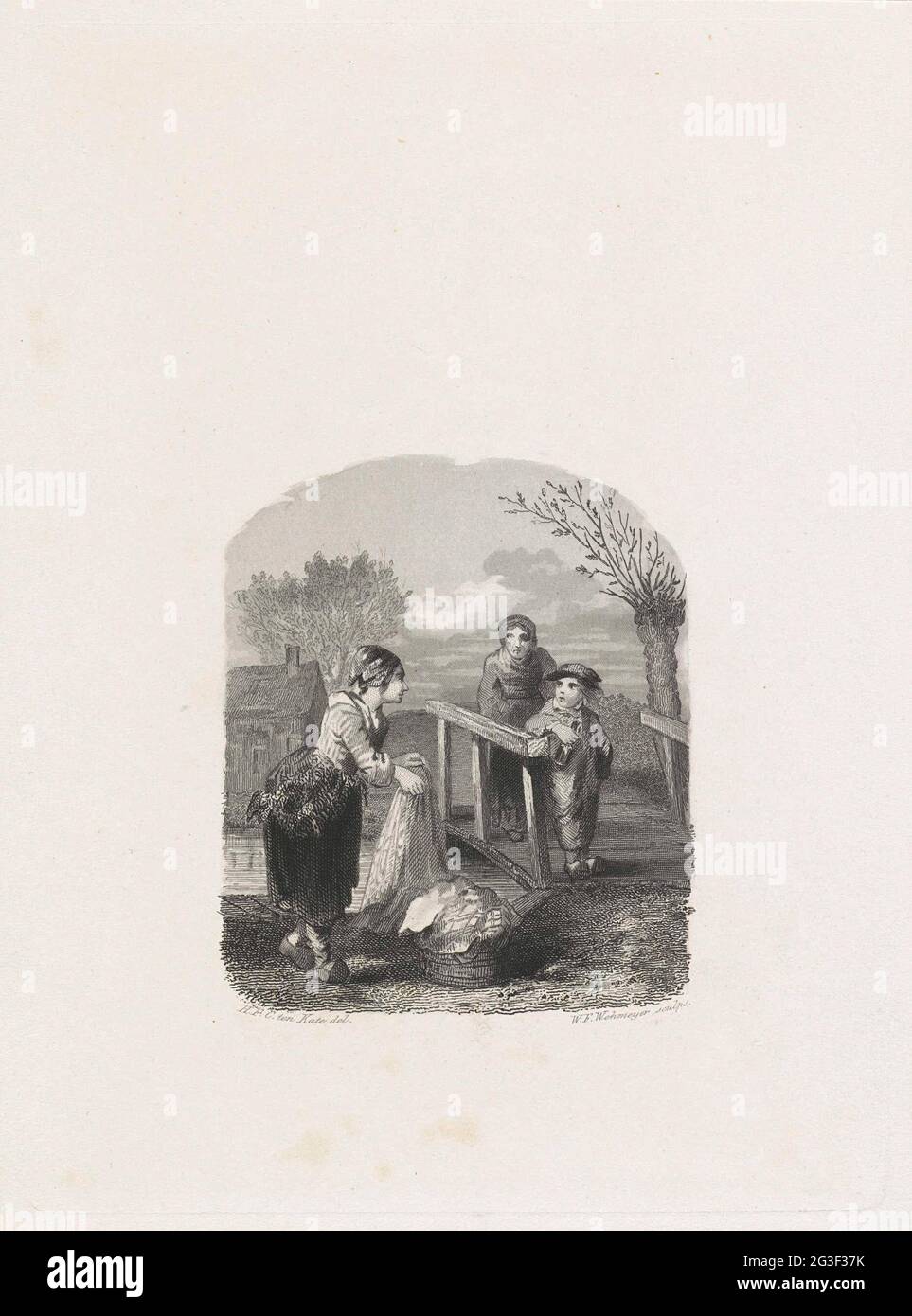 Washing woman at a bridge. A young woman on clogs is standing at a ...