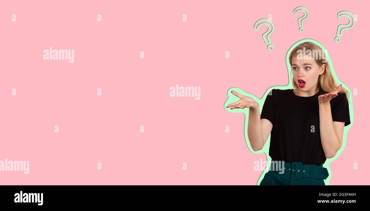 Beautiful young lady thinking with question marks overhead isolated ...