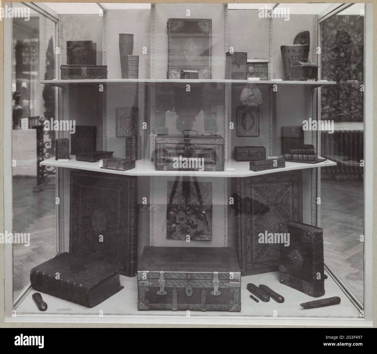 Showcase with crates and books; Courter extension courtyard Stock Photo ...