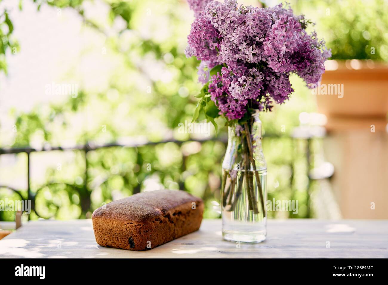 Bouquet of lilacs stands in a bottle next to a loaf of bread on a table ...