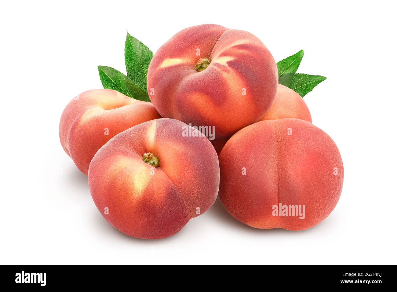 Ripe chinese flat peach fruit with leaf isolated on white background ...