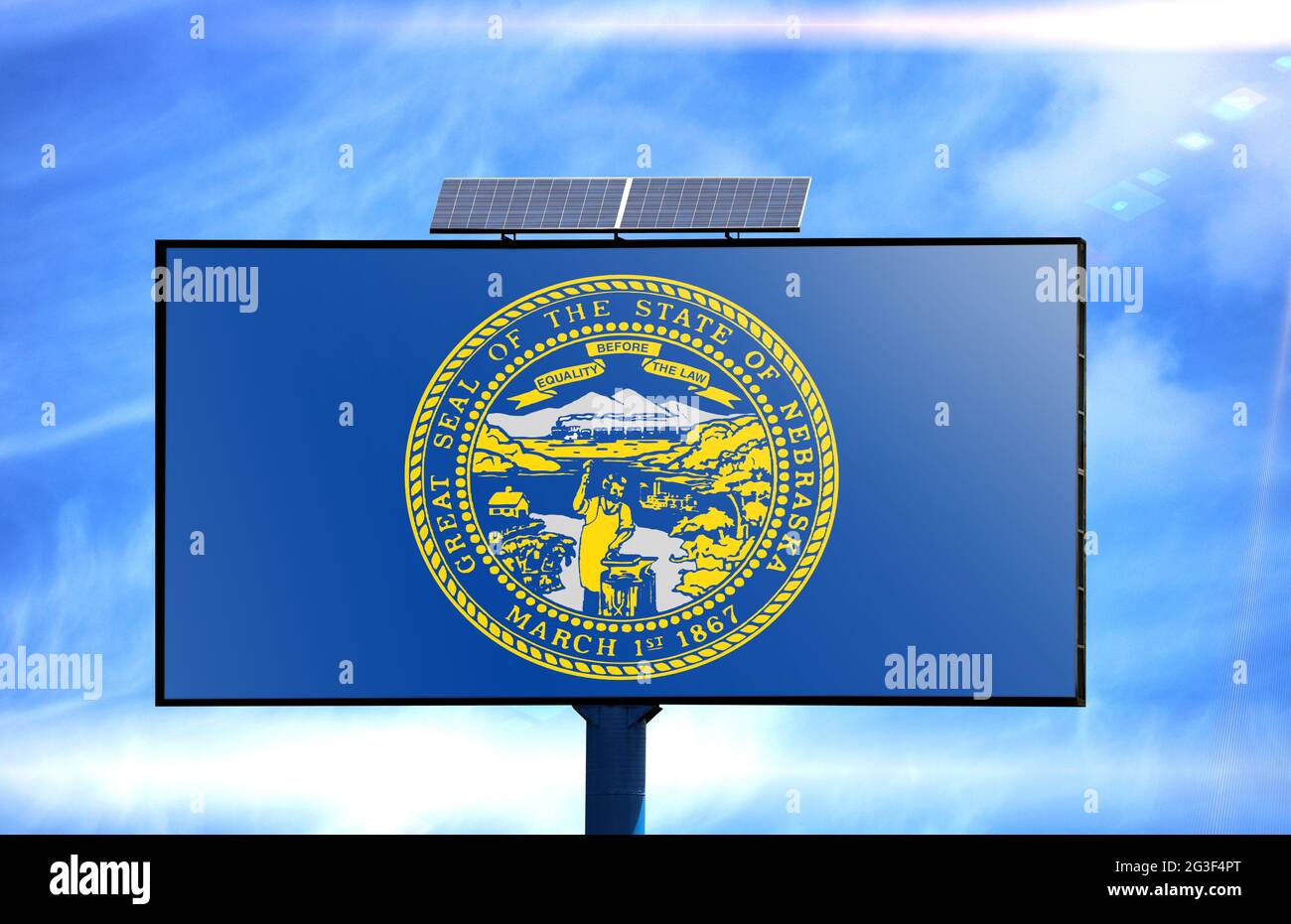 Billboard with State of Nebraska flag and solar battery on blue sky ...