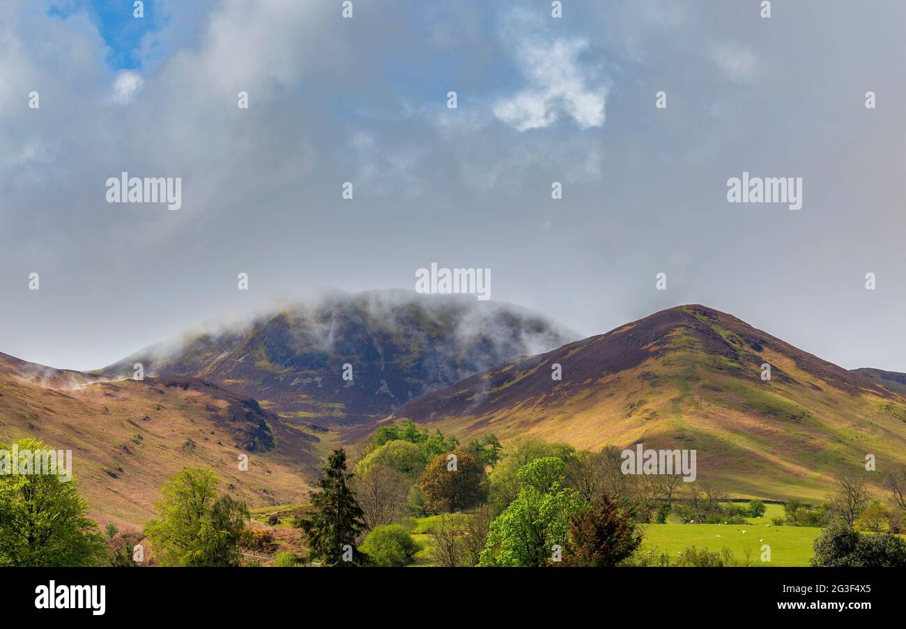 A cloud covered Causey Pike from Braithwaite Village, Lake District ...