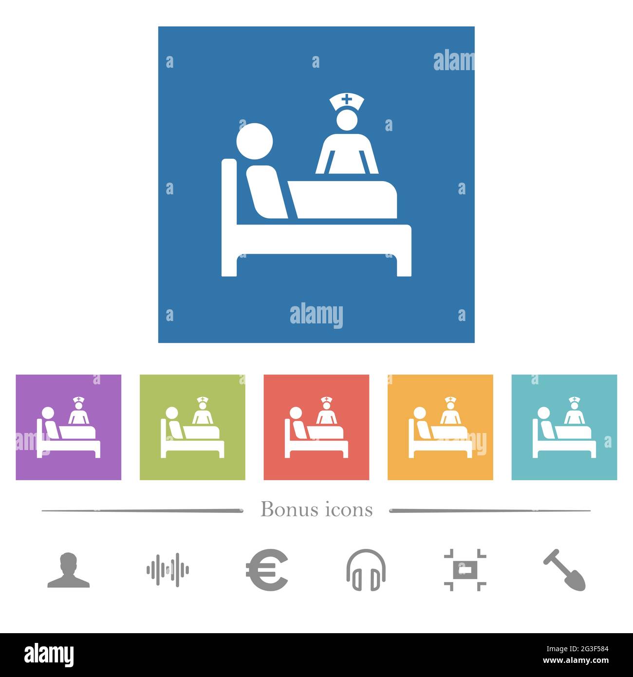 Inpatient flat white icons in square backgrounds. 6 bonus icons ...