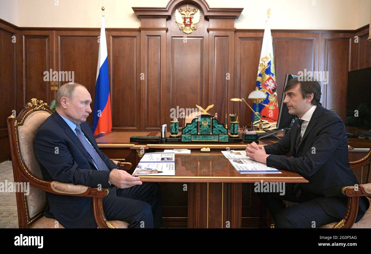 June 15, 2021. - Russia, Moscow. - Russian President Vladimir Putin (left) meets with Russian ...