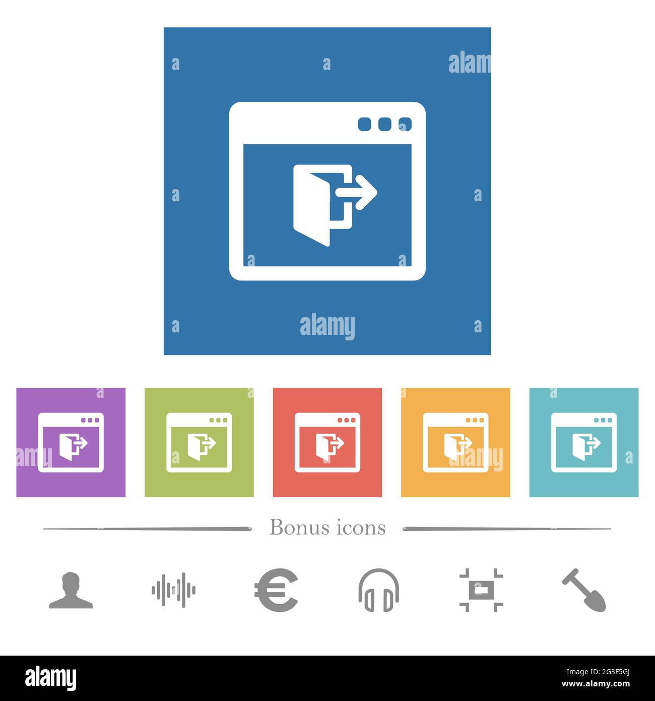 Application exit flat white icons in square backgrounds. 6 bonus icons ...