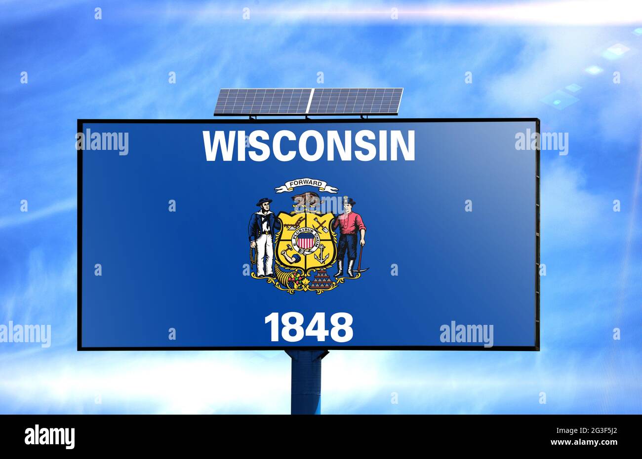Billboard with State of Wisconsin flag and solar battery on blue sky ...