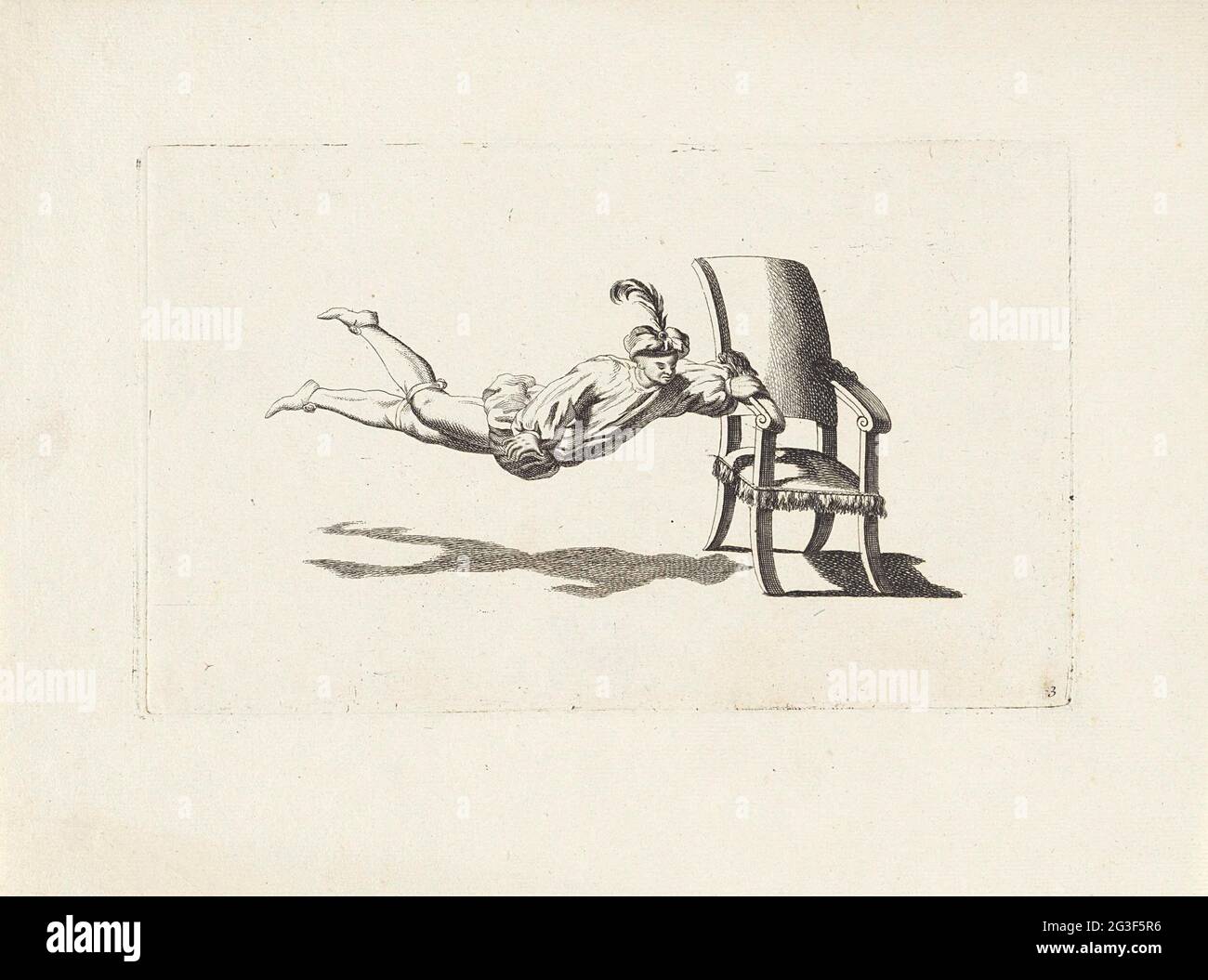 Acrobat floating on the armrest of a chair; Cord dancers and acrobats ...