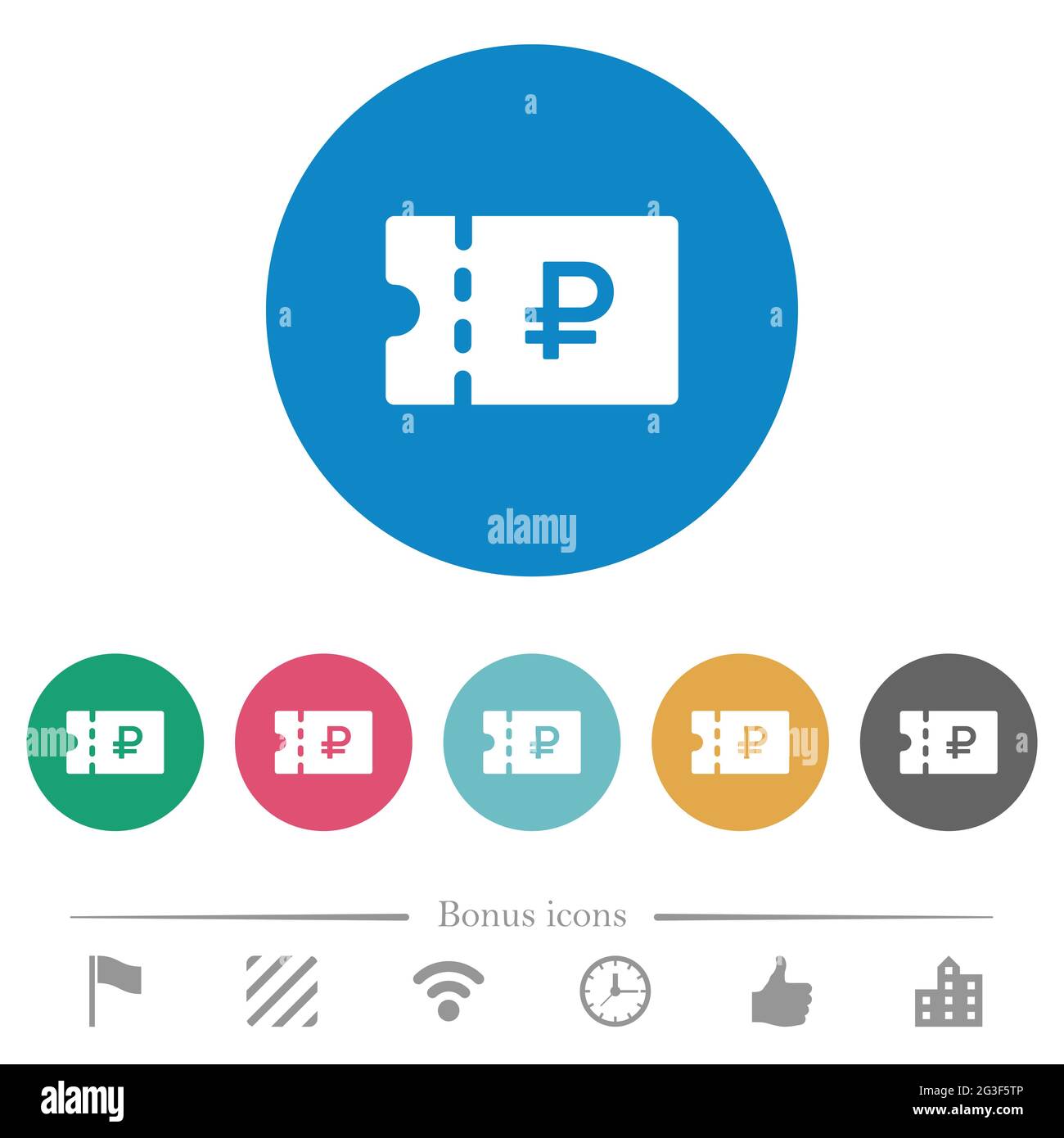 Russian Ruble discount coupon flat white icons on round color ...