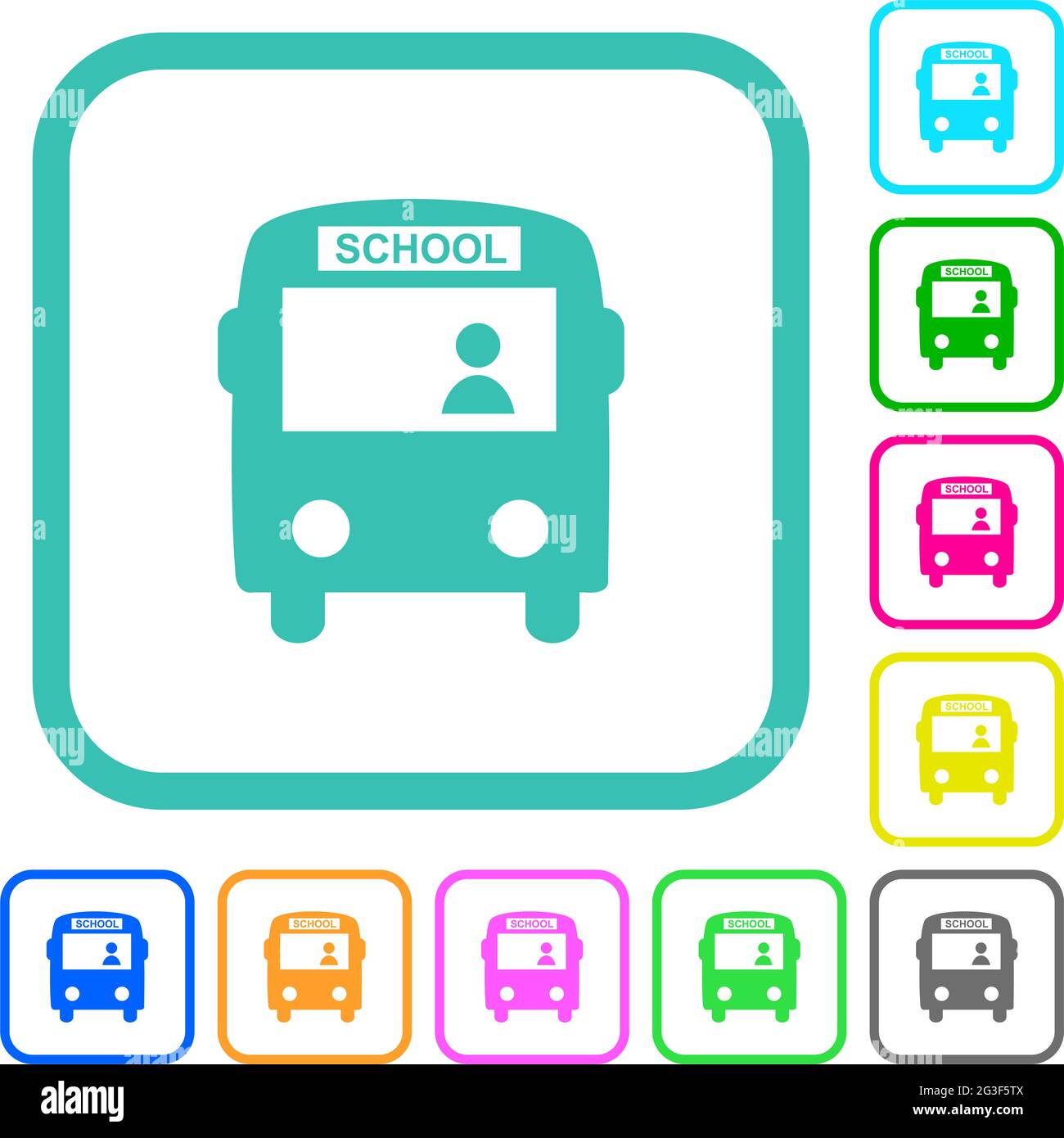 School bus with driver vivid colored flat icons in curved borders on ...
