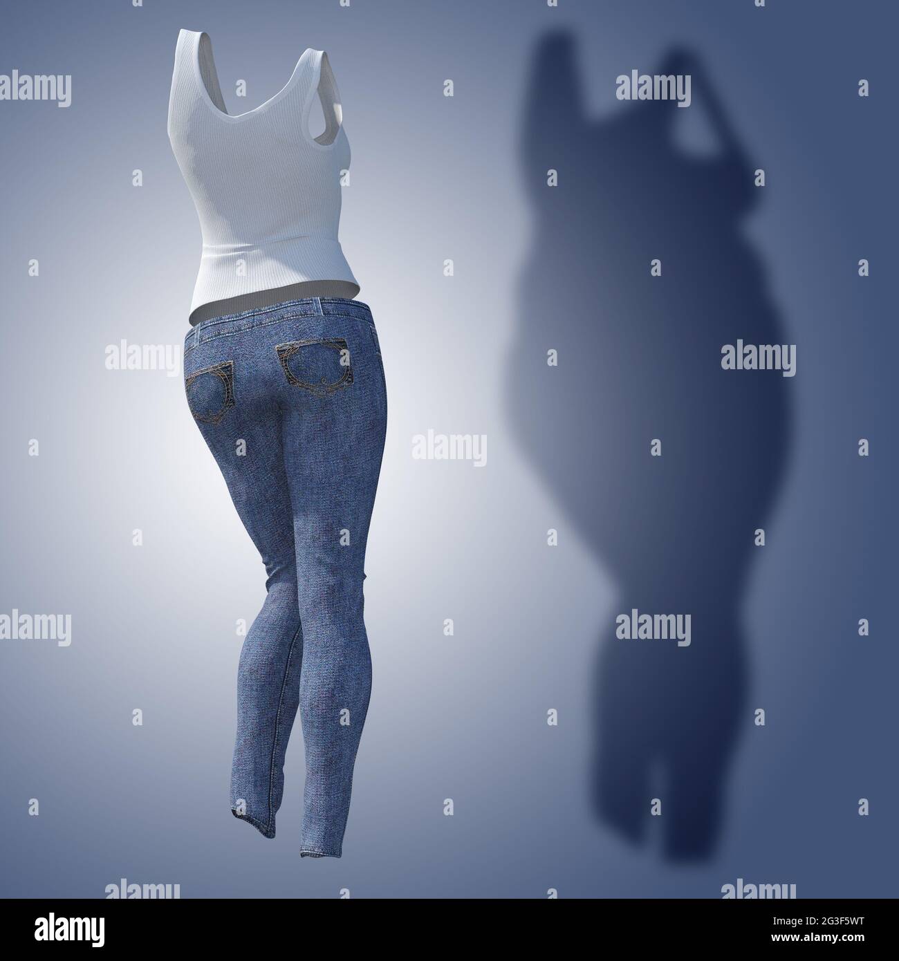 Conceptual fat overweight obese shadow female jeans undershirt vs slim ...